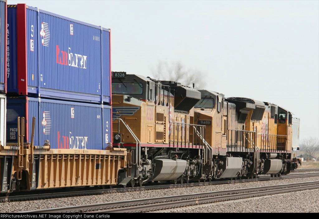 UP 8328 is 3rd in consist of EB Pacer Stacktrain